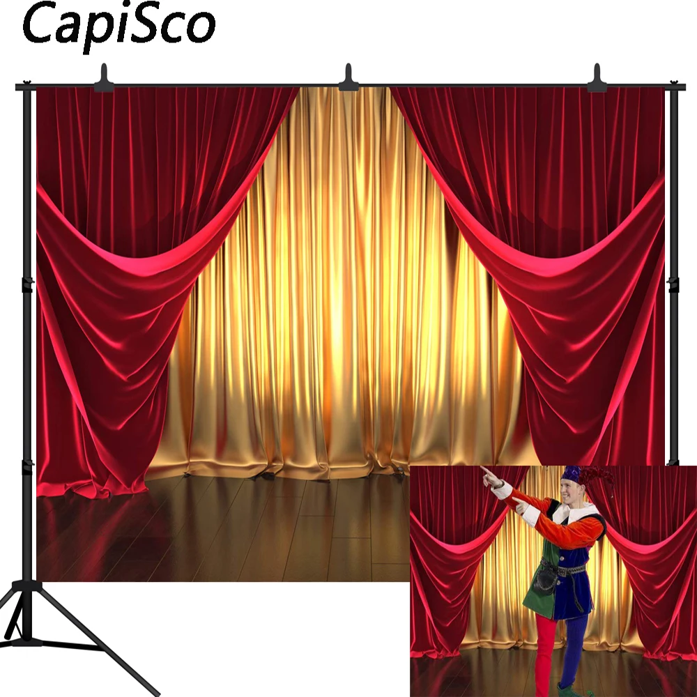 Capisco 3D Stage Theme Photography Backdrop Golden and Red Curtains ...