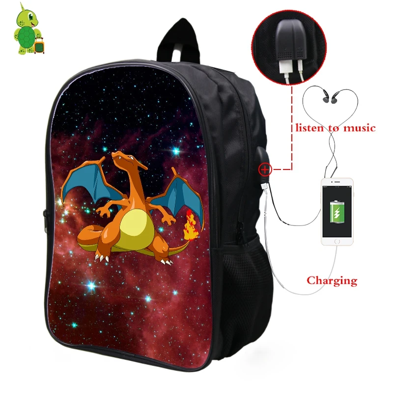 Pokemon Charizard Galaxy Space Backpack Multifunction USB Charge ...