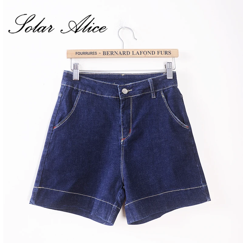 SOLAR ALICE Free Shipping Summer Mid Waist Deep Blue Solid Women Shorts ...