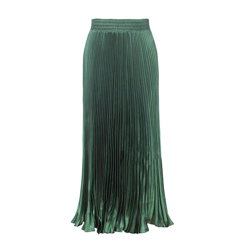 Shiny Long Pleated Skirts Women Elastic Waist Flounced Mermaid Long