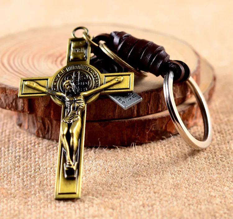 New Retro Pendant Key chain Woven Leather Keychains Alloy Cross of ...