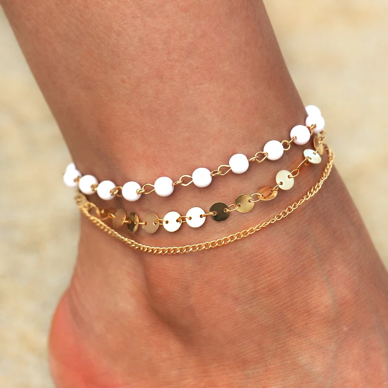 Gold Color Round Anklet Shape White Beads Bohemian Summer Barefoot