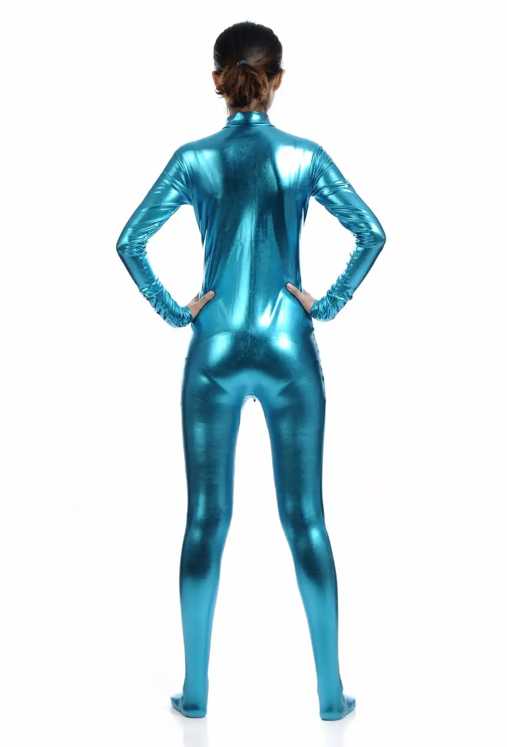 Mulheres Turquesa Terno Zentai Virilha Zipper Brilhante Footed Gola ...