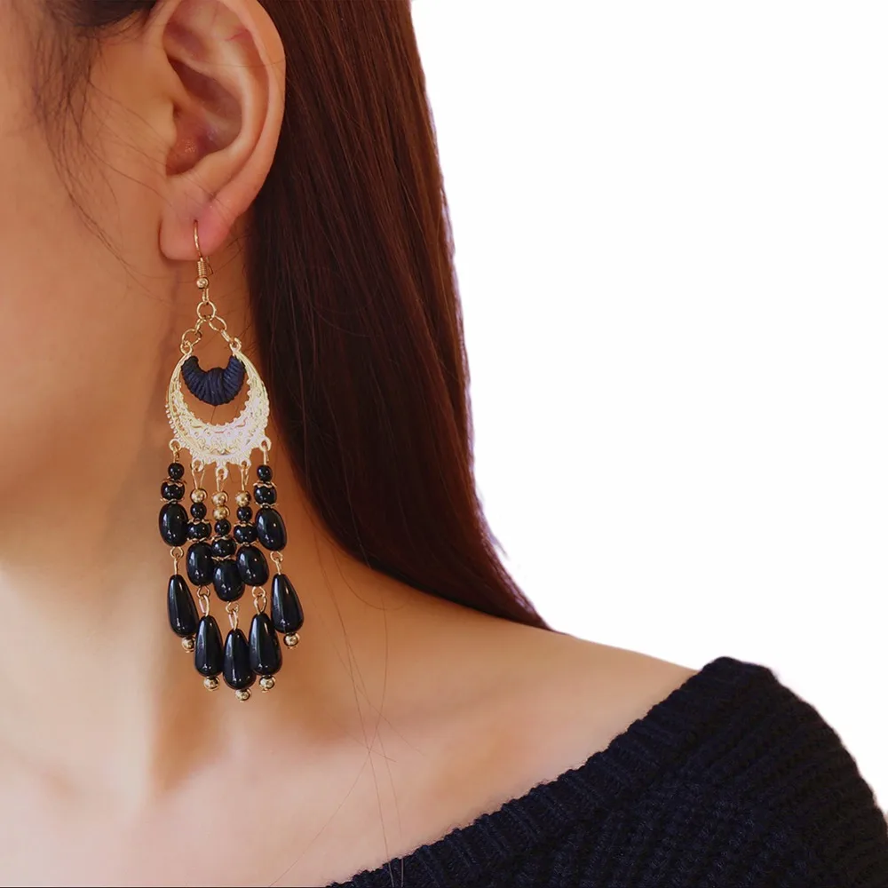1Pc Popular Bohemian Black Beaded Dangle Earrings For Women Drop Dangle ...