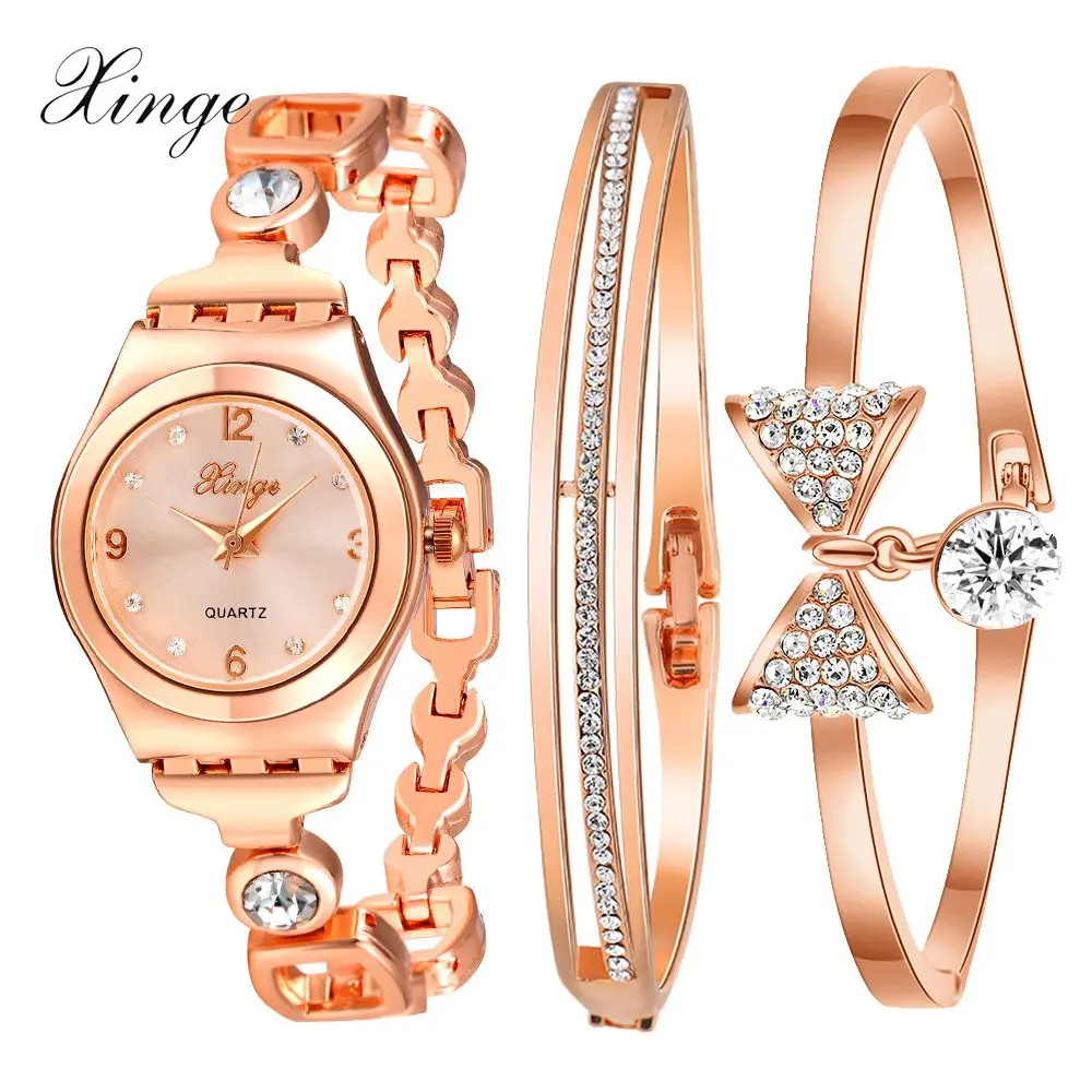 Women Bracelet Watch Rose & Silver Bow Alloy Jewelry Quartz Wristwatch ...