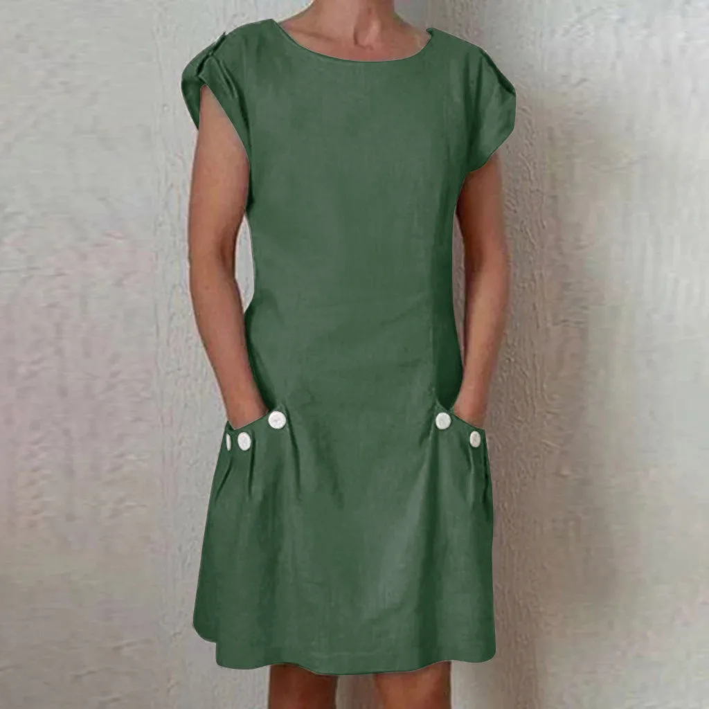 Vestido corto informal de lino y algodón para mujer, minivestido holgado con bolsillos ...