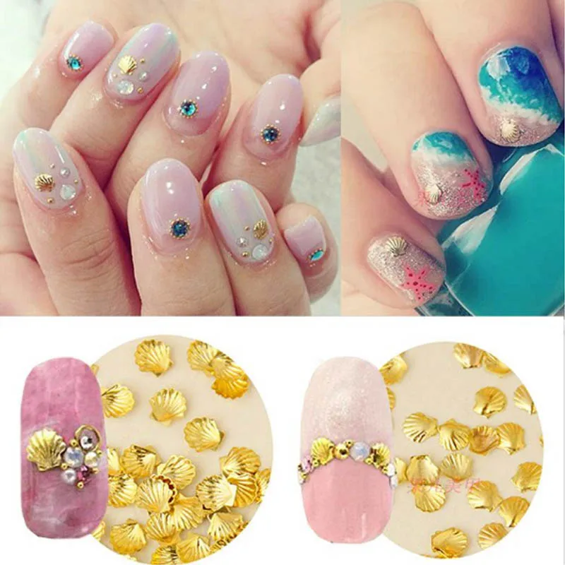 100PCS Mixed Size 3MM&5MM 3D Metallic Gold Silver Shell Shape Nail Art ...