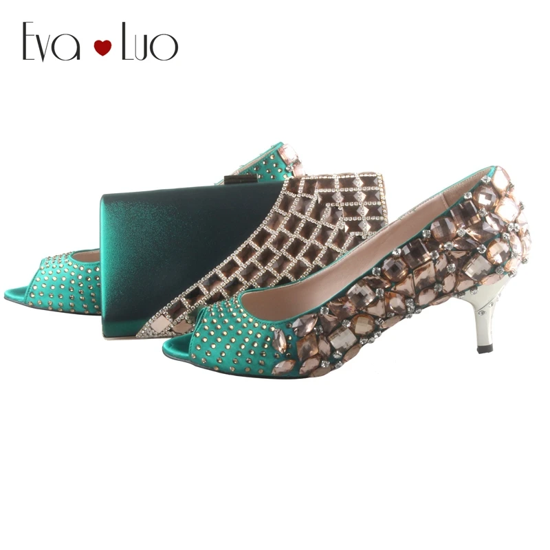 BS044 DHL Custom Made Low Heel Green Crystal Italian Shoes With ...