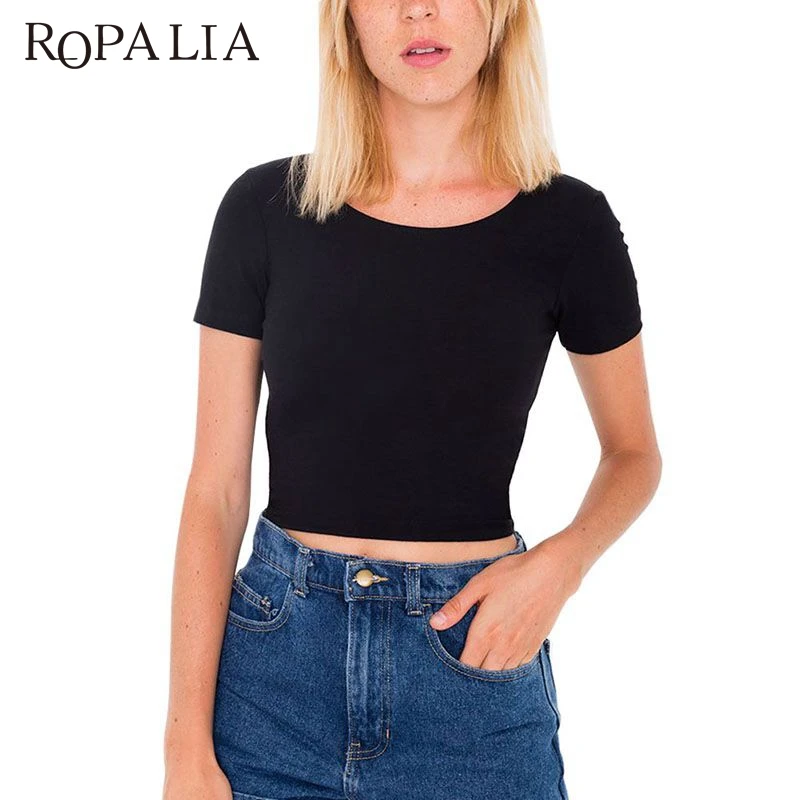 Ropalia Cotton Women T Shirts O Neck Sexy Crop Top Short Sleeve Tops