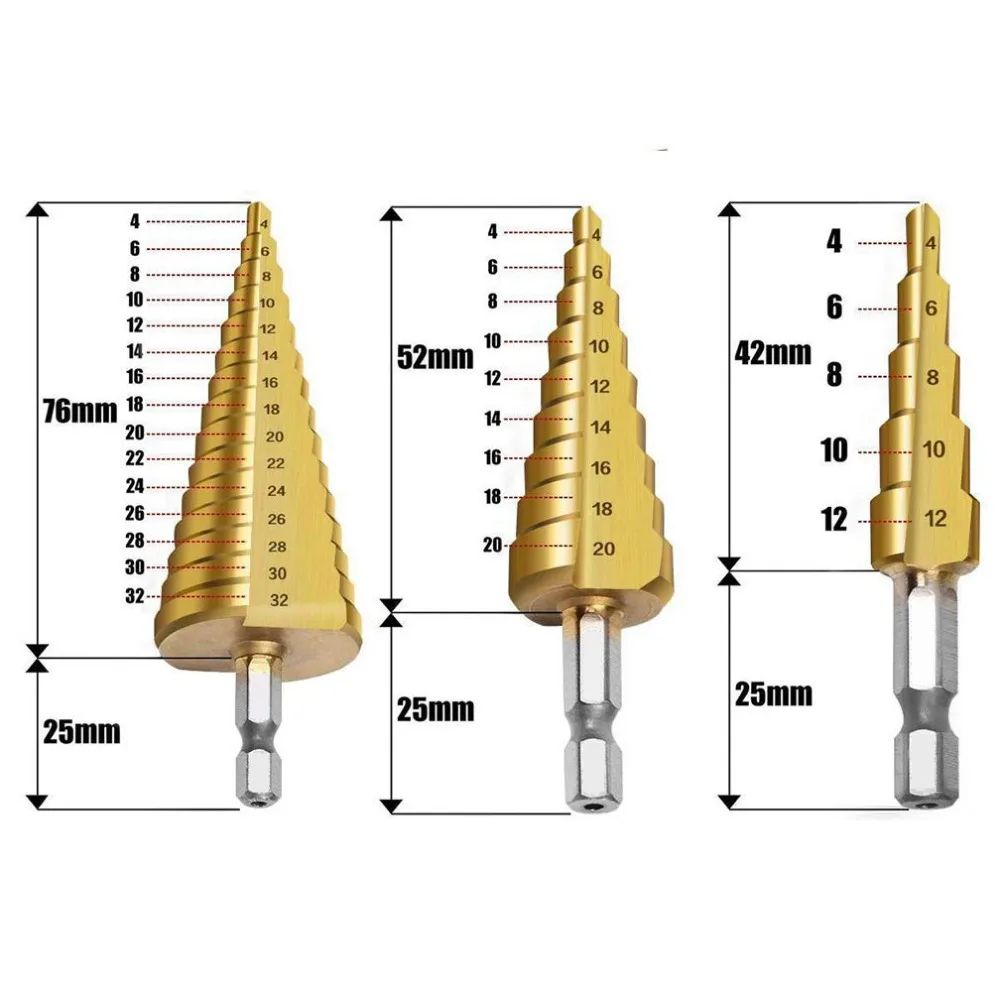 3pc Hss Step Drill Bit Set Cone Hole Cutter Taper Metric 4 - 12 / 20 ...