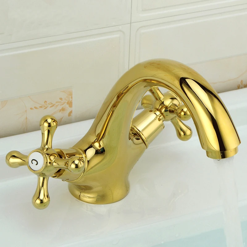 Brass Sink Basin Faucet Mixer European Art Retro Style Gold Plated Water Tap Bathroom Wash