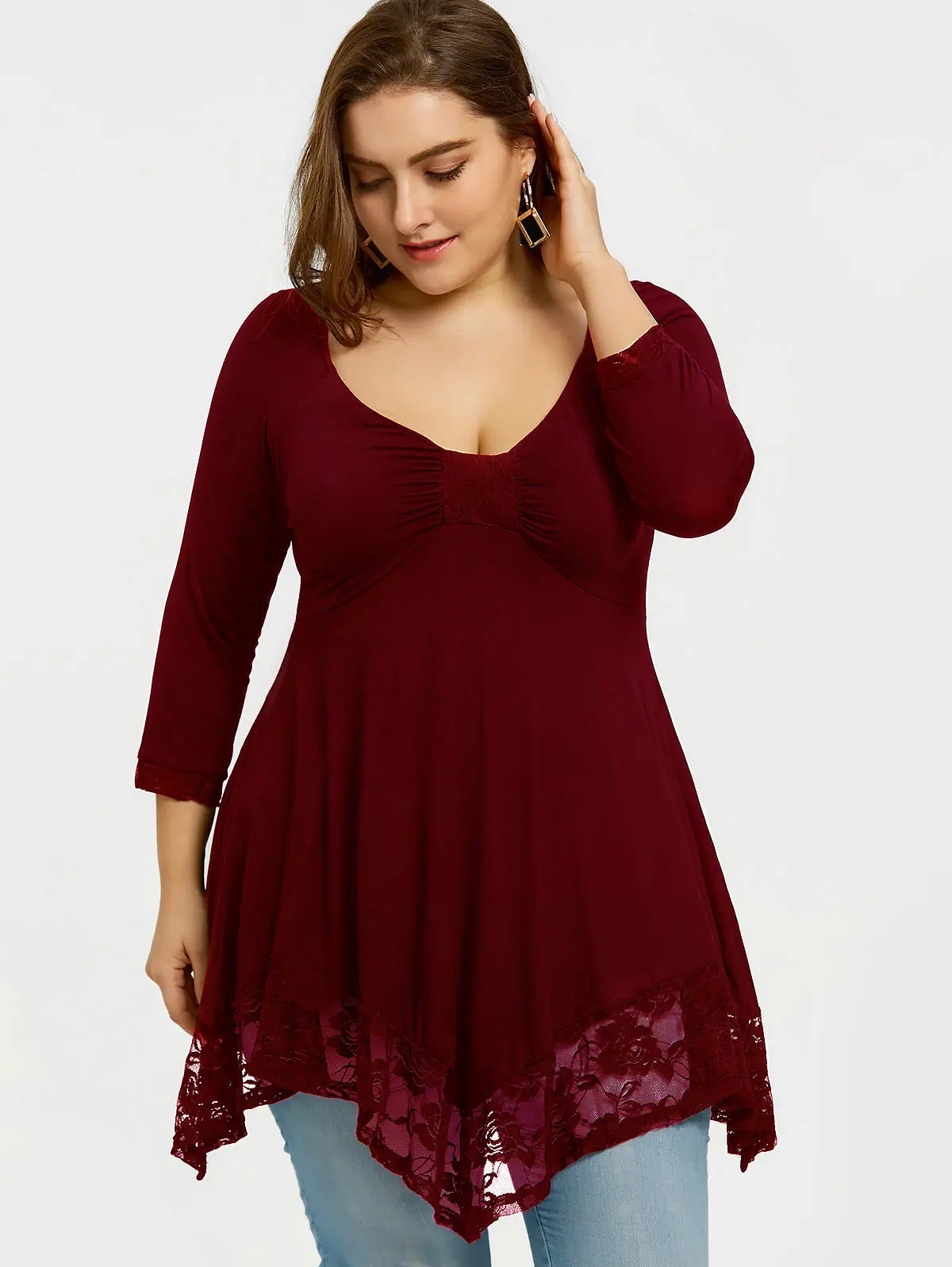 Gamiss Women Tops Lace Trim Plus Size Empire Waist Handkerchief T