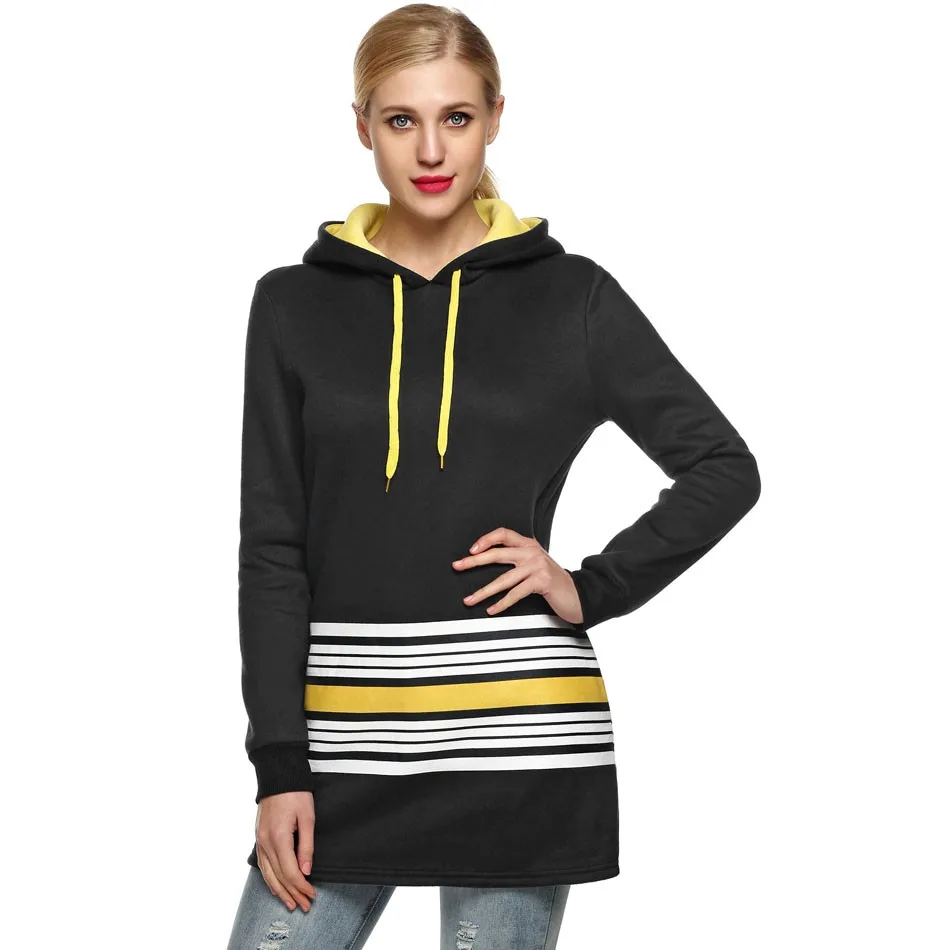 Women Hoody Striped Pockets Long Sleeve Hooded Warm Long Sweatshirt