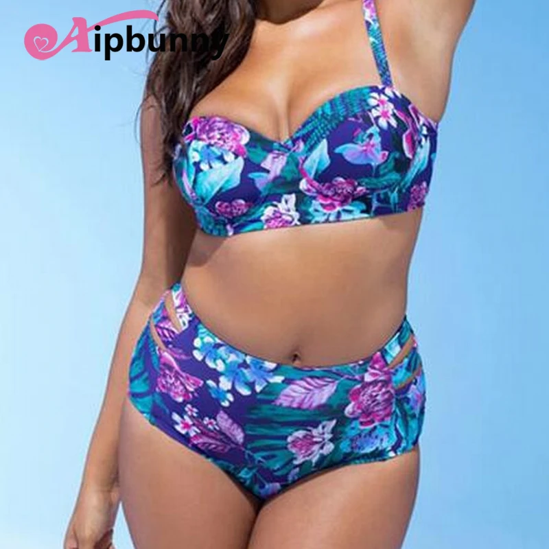 Aipbunny Blue Floral Fat Women Bikini Set 2018 Sexy Swimsuit Strappy