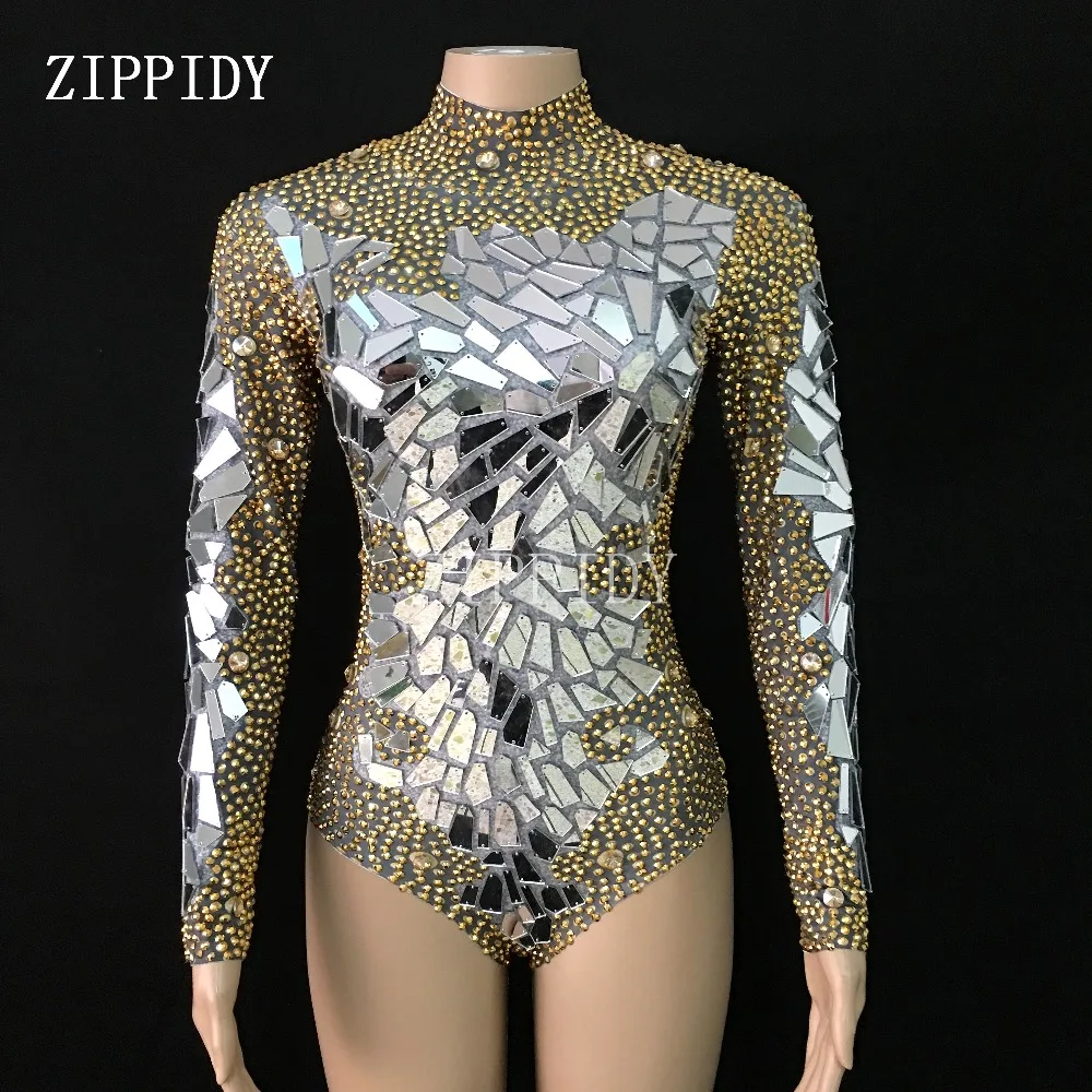 Gold Rhinestones Flashing Mirrors Bodysuit Womens Birthday Prom