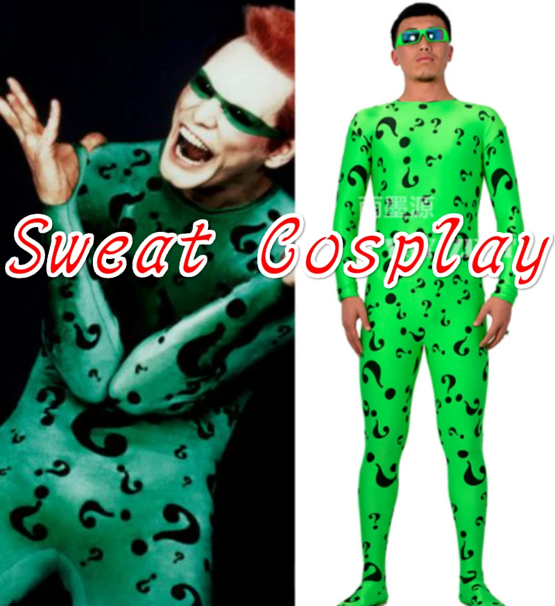 High Quality Riddler Costume With Glasses Green Riddler Suit Fullbody ...