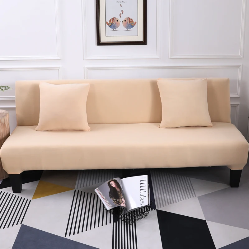 Beige Solid Color Stretch Sofa Cover No Handrails High Elastic Couch ...