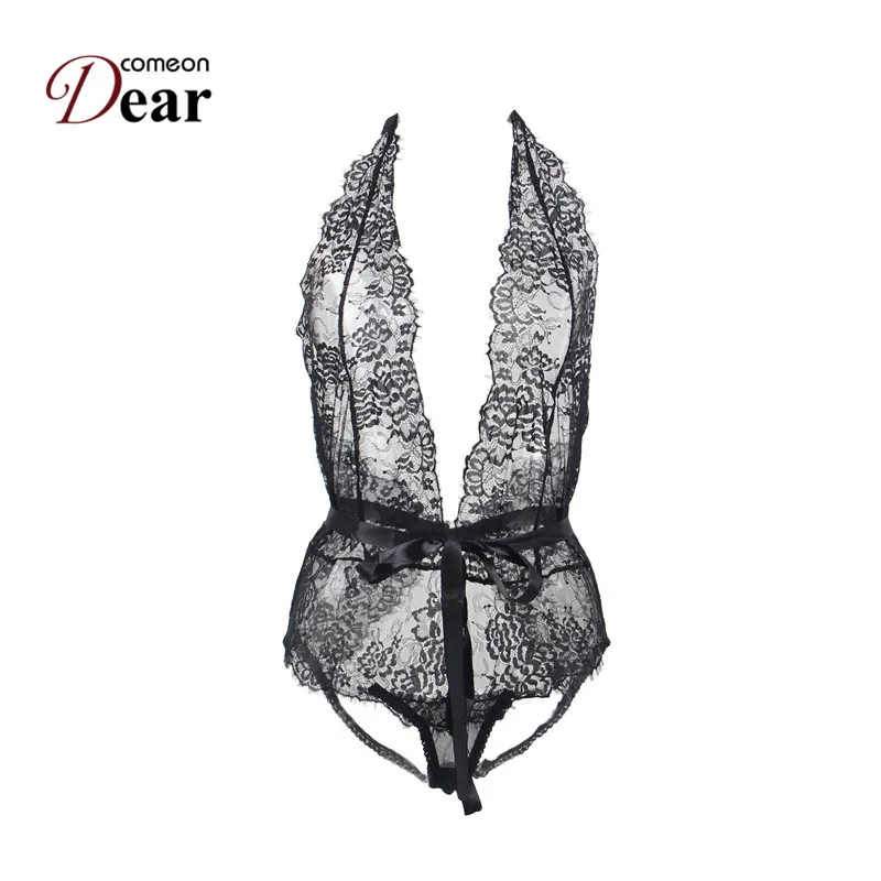 Comeondear Sexy Bodysuit Lingerie V Neck Black Low Cut Lace Erotic Bodysuit Backless Sexy