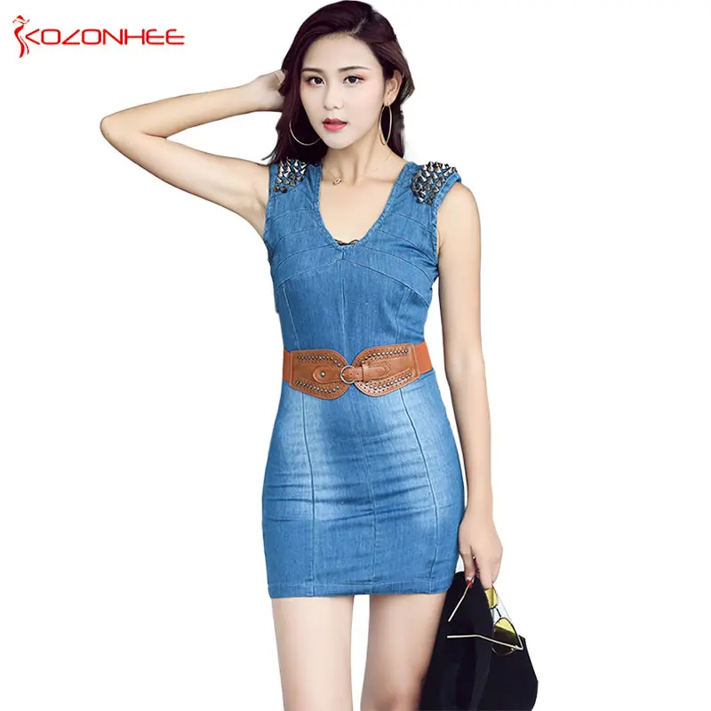Fashion Tight Sexy Denim Dresses For Women Thin Rivet Elasticity Mini