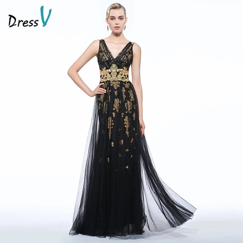 Buy Dressv Black V Neck Long Evening Dress A Line Lace