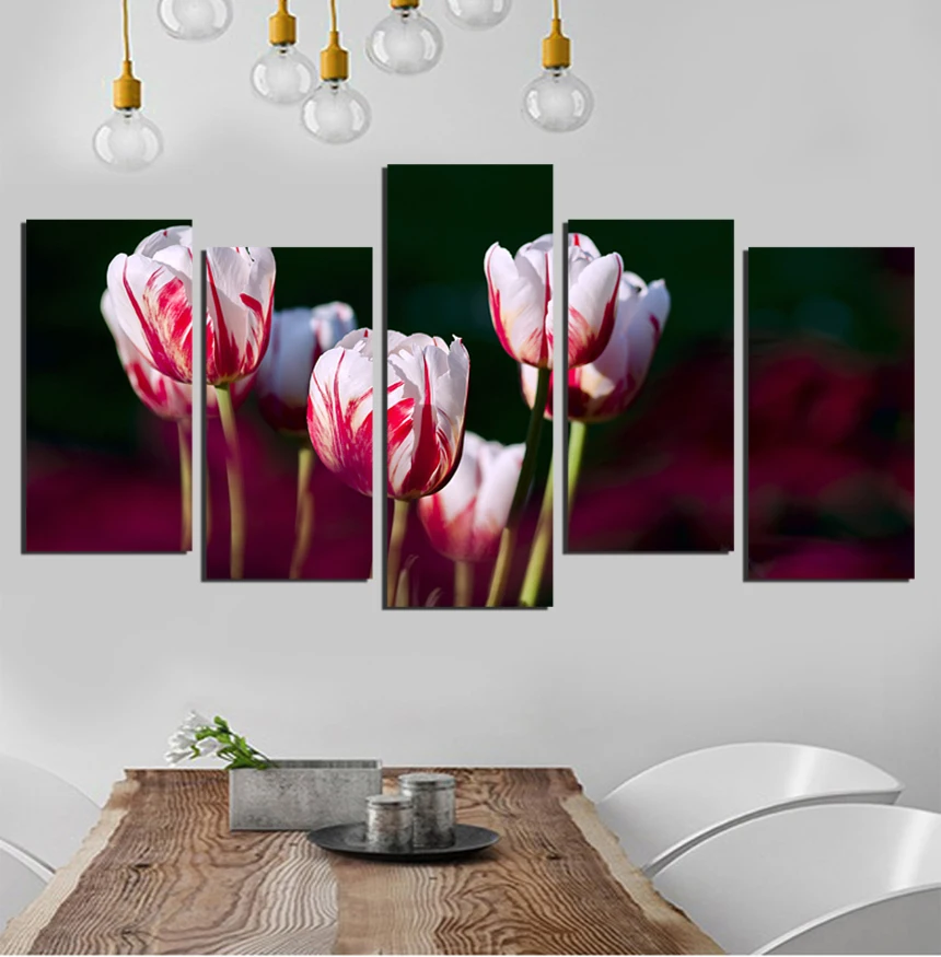 Free shipping Modern Flower Painting Set 5 Piece pink tulip Canvas Art ...