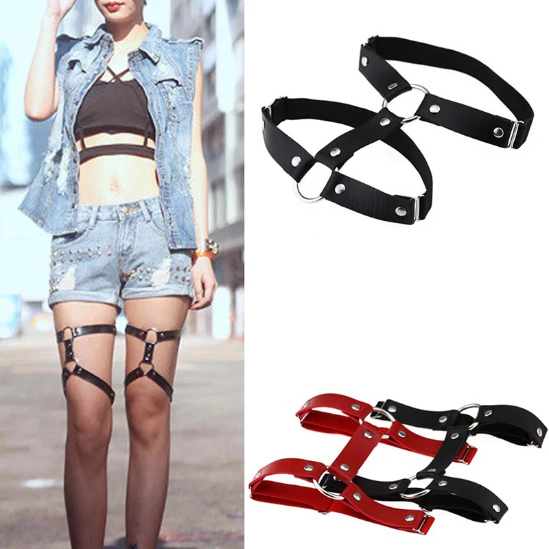 Double Punk Garters Leg Ring Harness Hot Rivet Vintage Rock Sexy Harajuku Style PU Leather ...
