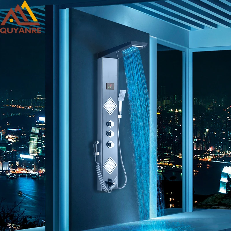 Quyanre Black Grey LED Shower Panel Column Rain Waterfall Shower Head ...