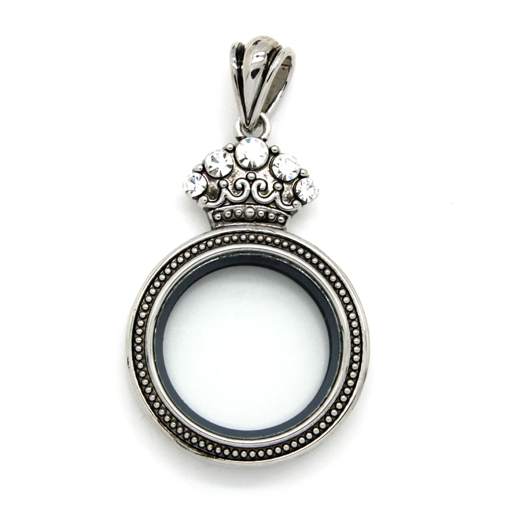 Antique Glass Floating Locket Crown with Rhinestone Plain Charm Locket ...