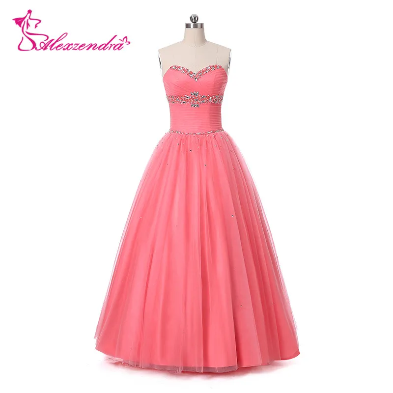 Alexzendra Watermelon Color Tulle Beaded Prom Dresses Simple Long Girl