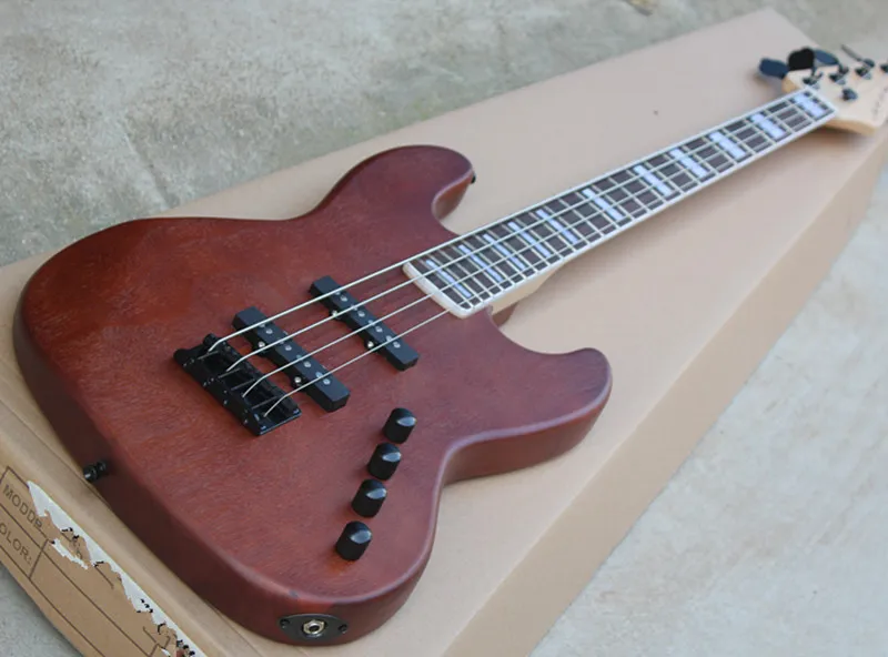 Factory Wholesale Matte Reddish Brown Color String Thru Body Electric Bass Guitar With Black