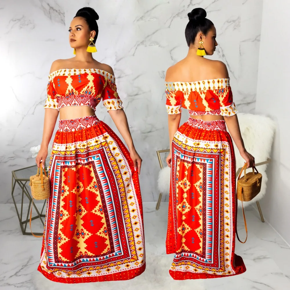 Summer elegant women set fashion 2 pieces tops and maxi skirt ladies ...