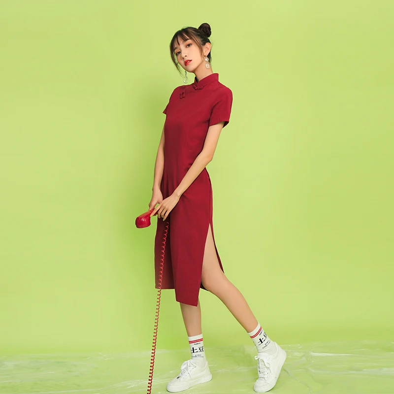 SWEETXUE Red Elegant Cheongsam Summer Sress Vintage Stand Collar Buckle ...