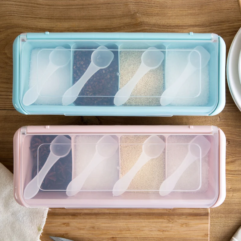 Plastic Seasoning Rack Spice Pots 4 Grid Seasoning Box Suger Storage ...