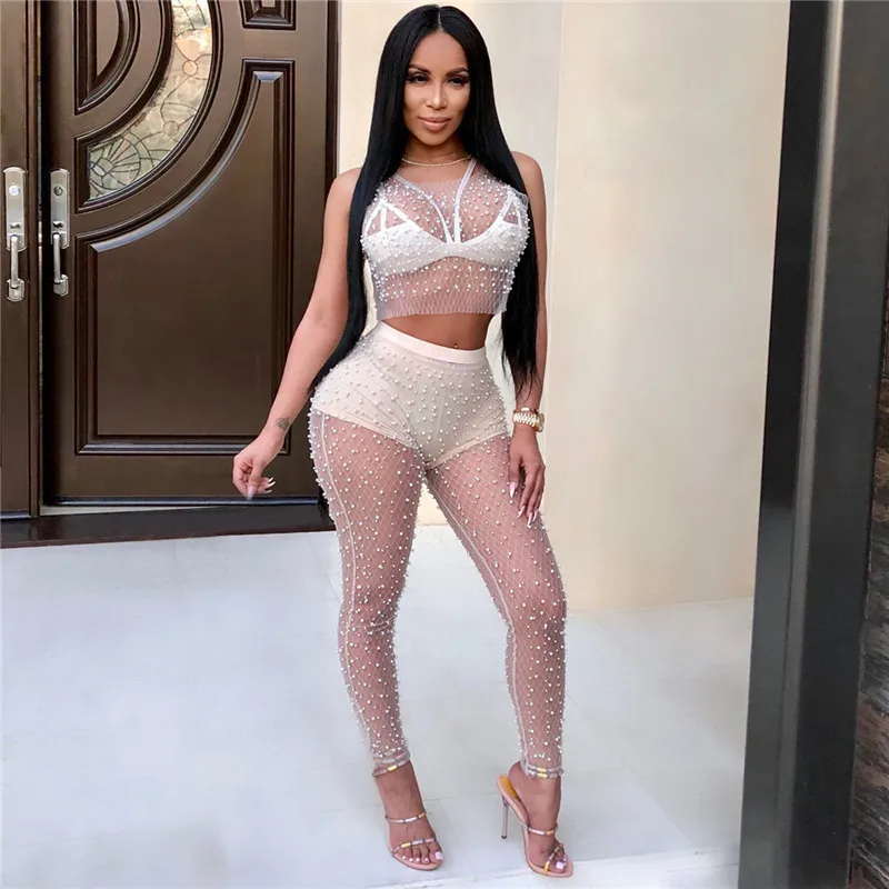 New Summer Mesh Pearls Beading Sexy Two Piece Set Women Outfits See