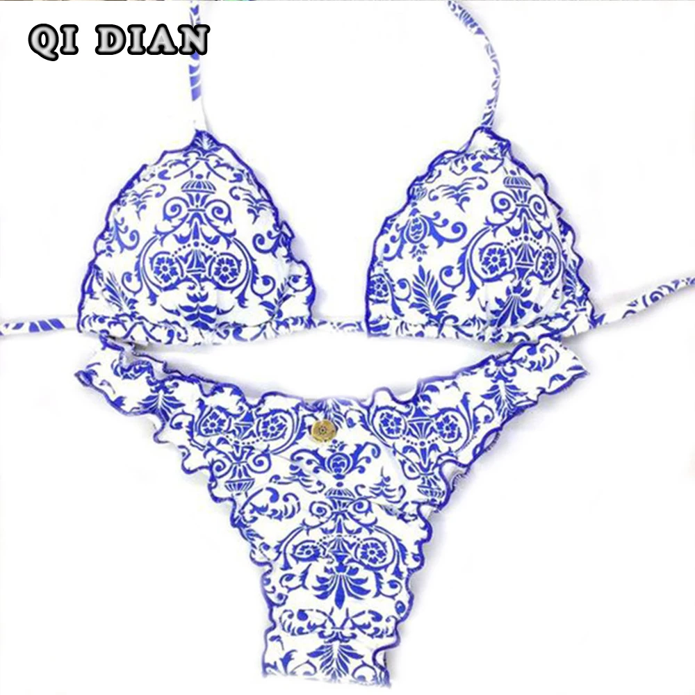 Qi Dian Blue And White Printing Brazilian Bikini 2017 Female Bikini Set