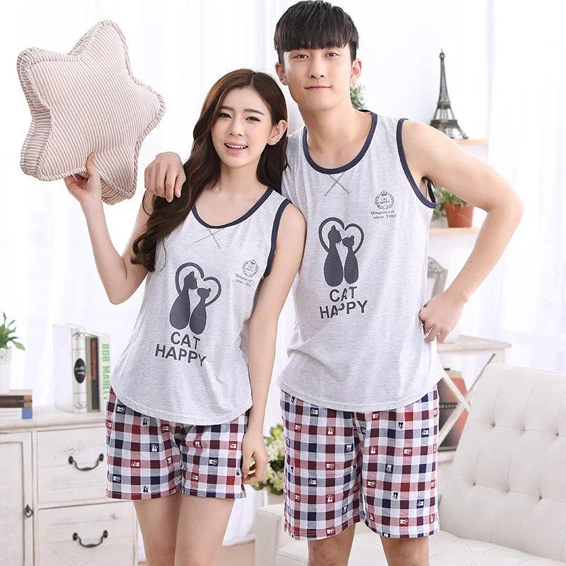 1076 Plaid printing Couples summer cute vest suit Pajama|suit pajamas ...