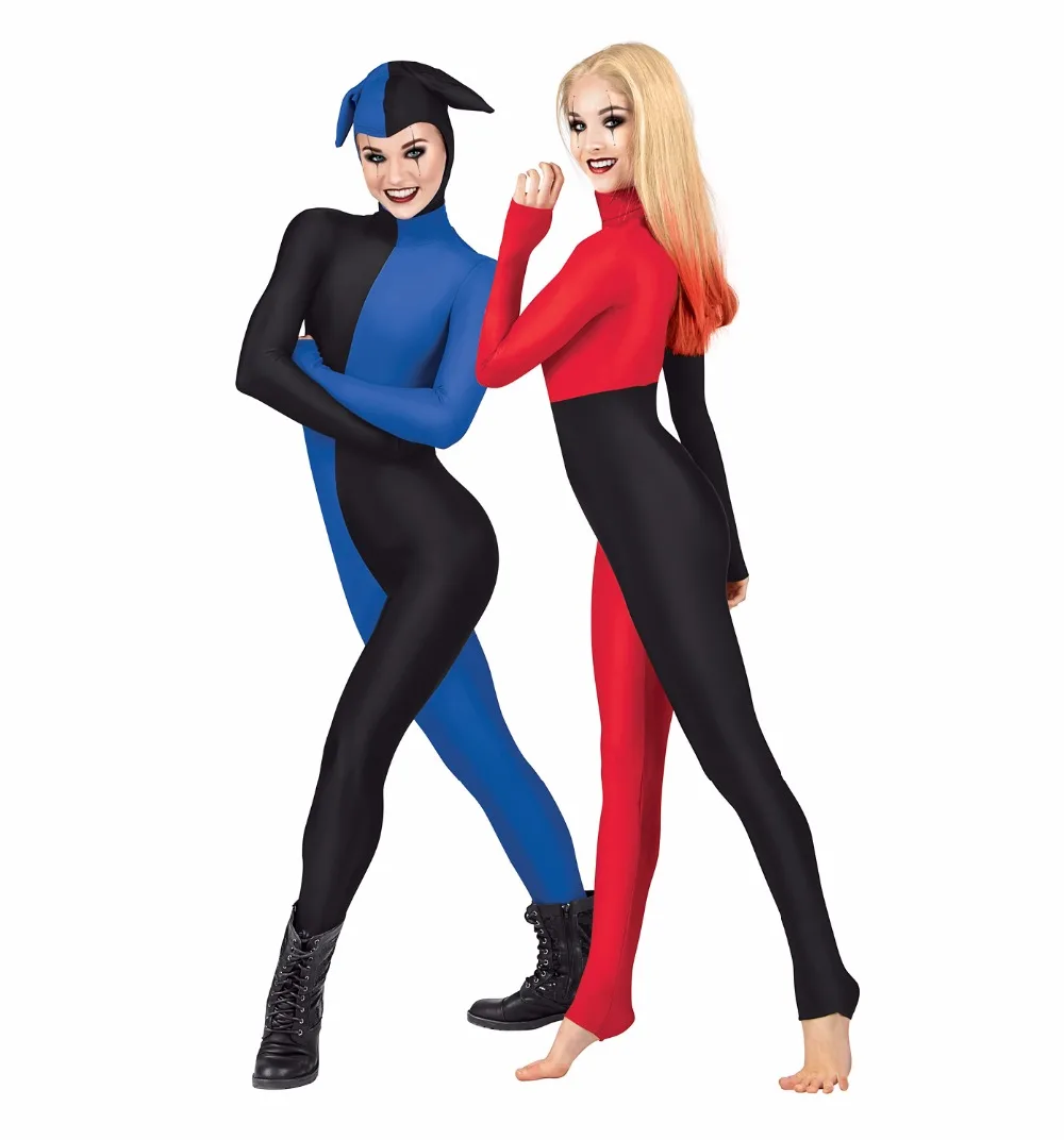 Nenhum capuz manga longa harlequin cosplay unitard dividir cor completa ...