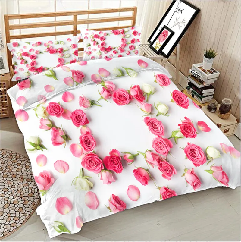 3D pink rose bedding bed sheet set bedclothes Super king duvet cover ...