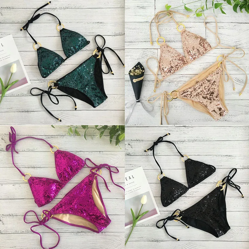 Pacento Gold Sequin Bikinis Set 4 Colors Sexy Bangdage Bikini Swimwear