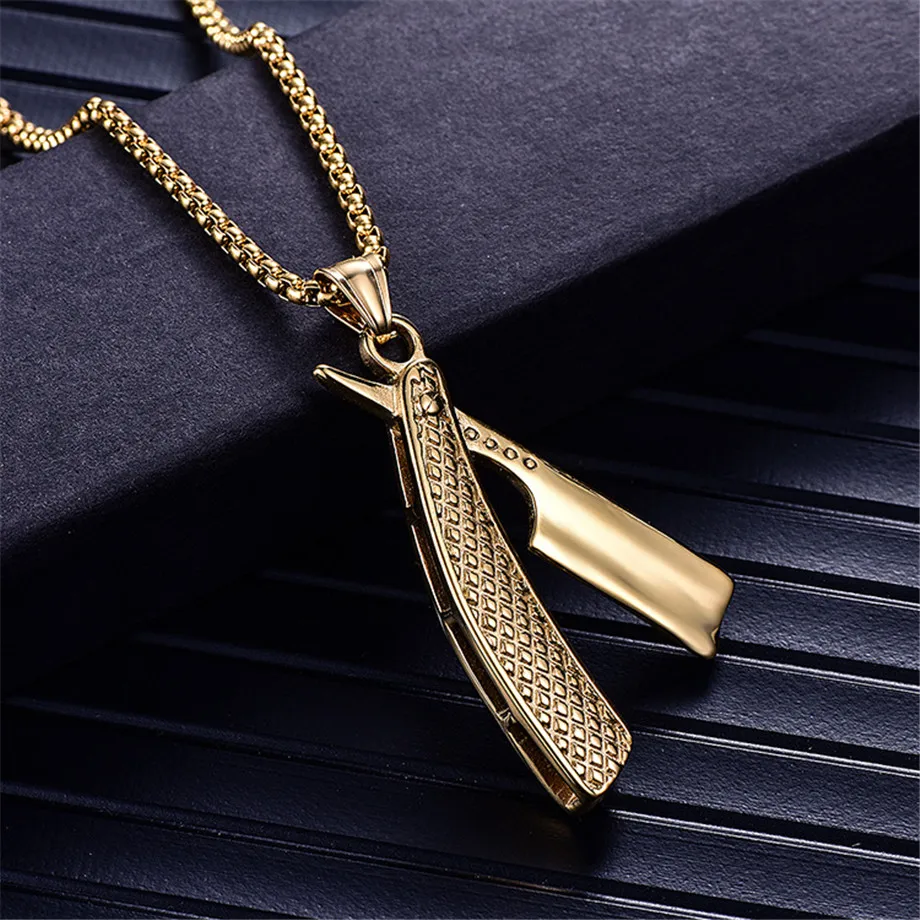 Punk Razor Blade Pendants Necklaces Gold Color Stainless Steel Chain ...
