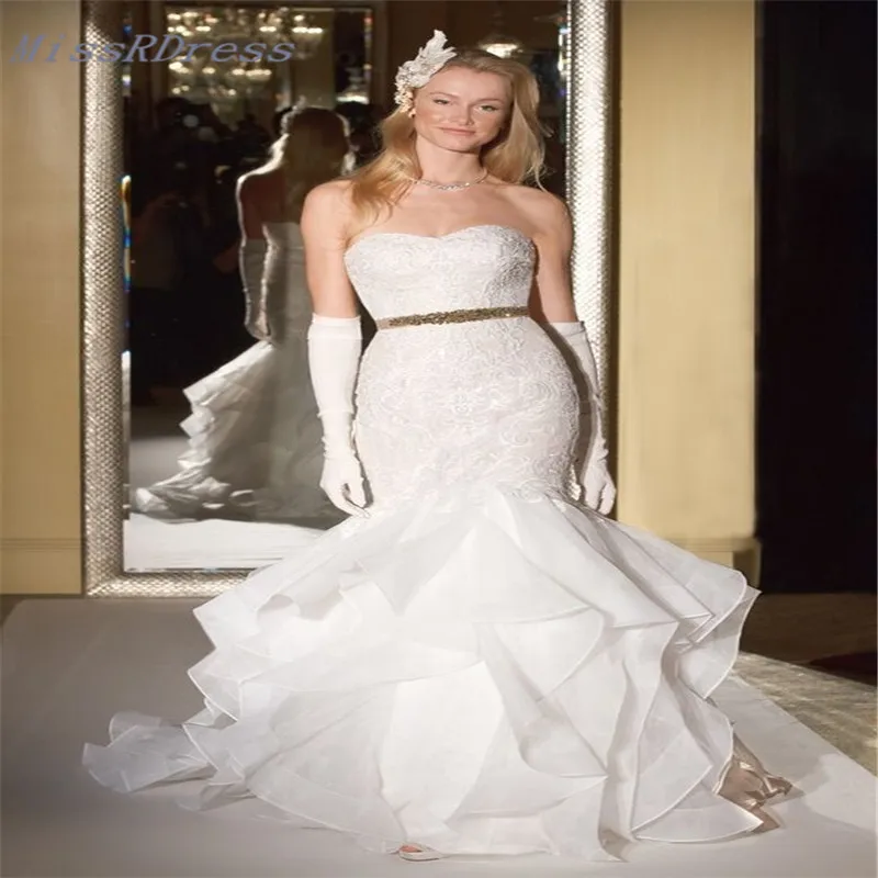 2017 Scroll Lace Trumpet Wedding Dresses with structured organza skirt ...