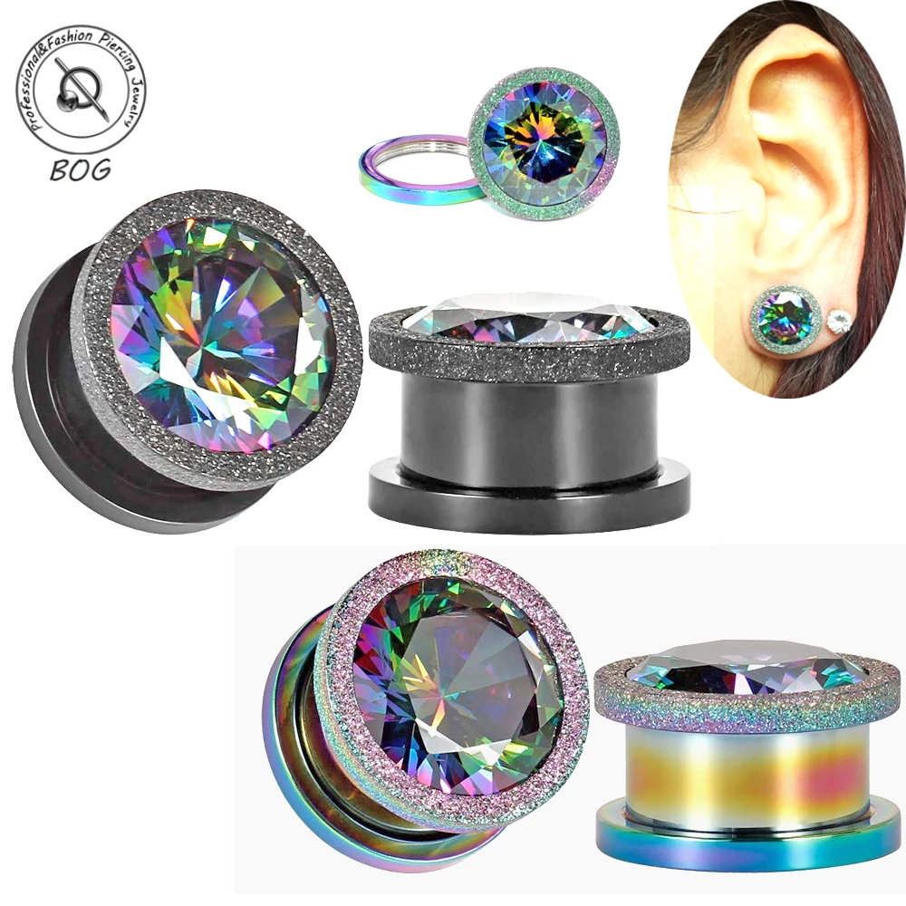 PAIR Ear Plug Tunnel Gauges Steel Screw Aurora Multi Colorful Zircon ...