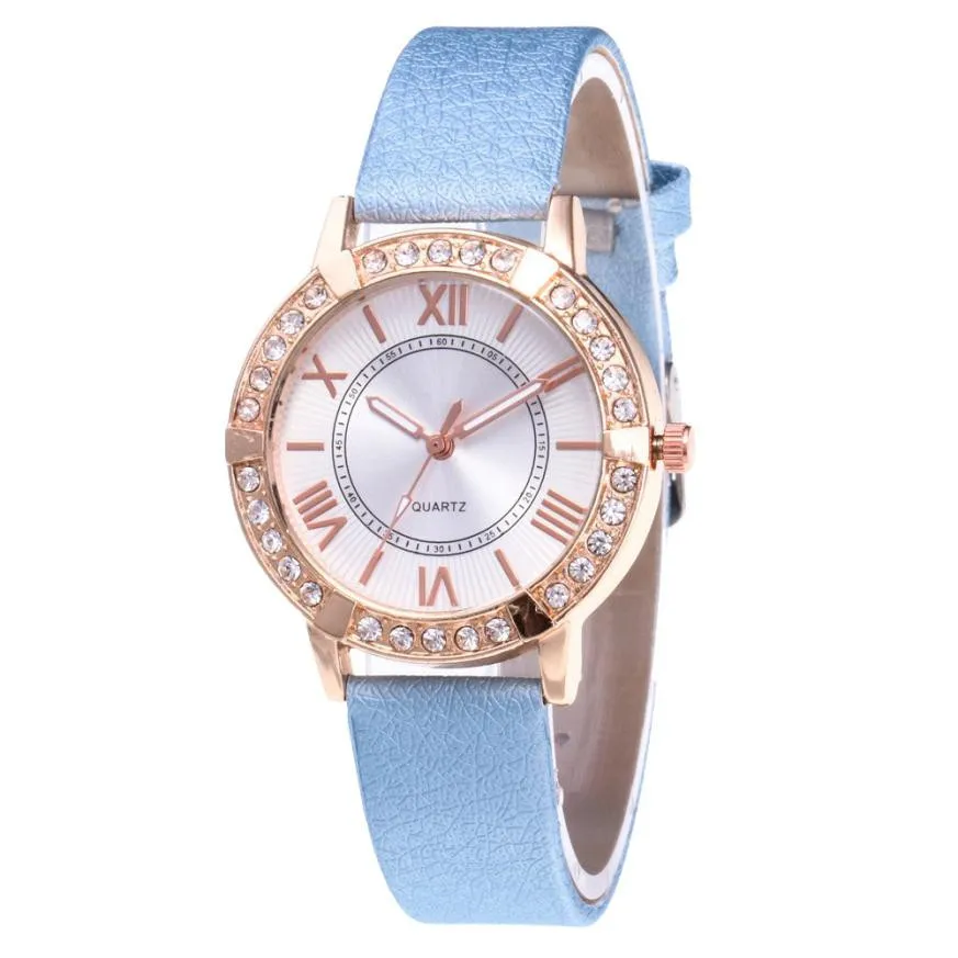 Fashion Slim Leather Women Watches Ladies Rhinestone Roman Numerals