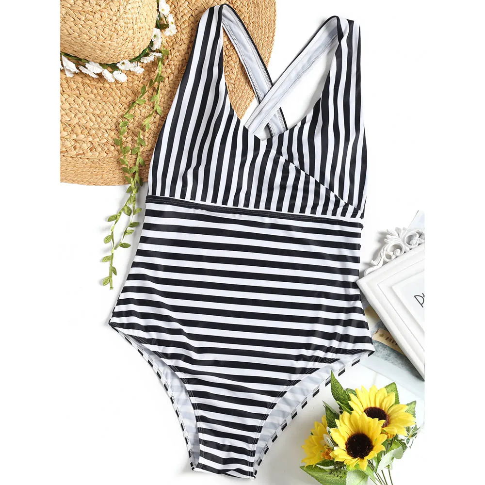 Plus Size Striped Cross Back One Piece Swimsuit Slimming Women Vintage ...