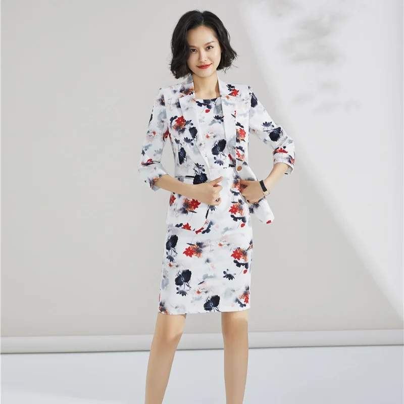 Fashion Ladies Flower Print Dress Suits for Women Business Suits Blazer ...