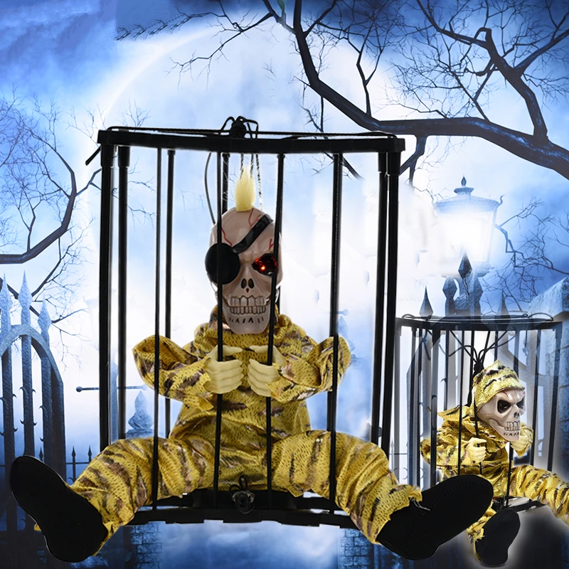 Halloween Prank Scary Electric Cage Ghost Hanging Skeleton Glow Eyes ...
