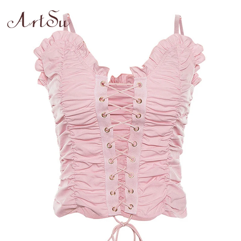 Artsu Pink Crop Tops Women 2021 Lace Up Sexy Summer Spaghetti Strap Top ...
