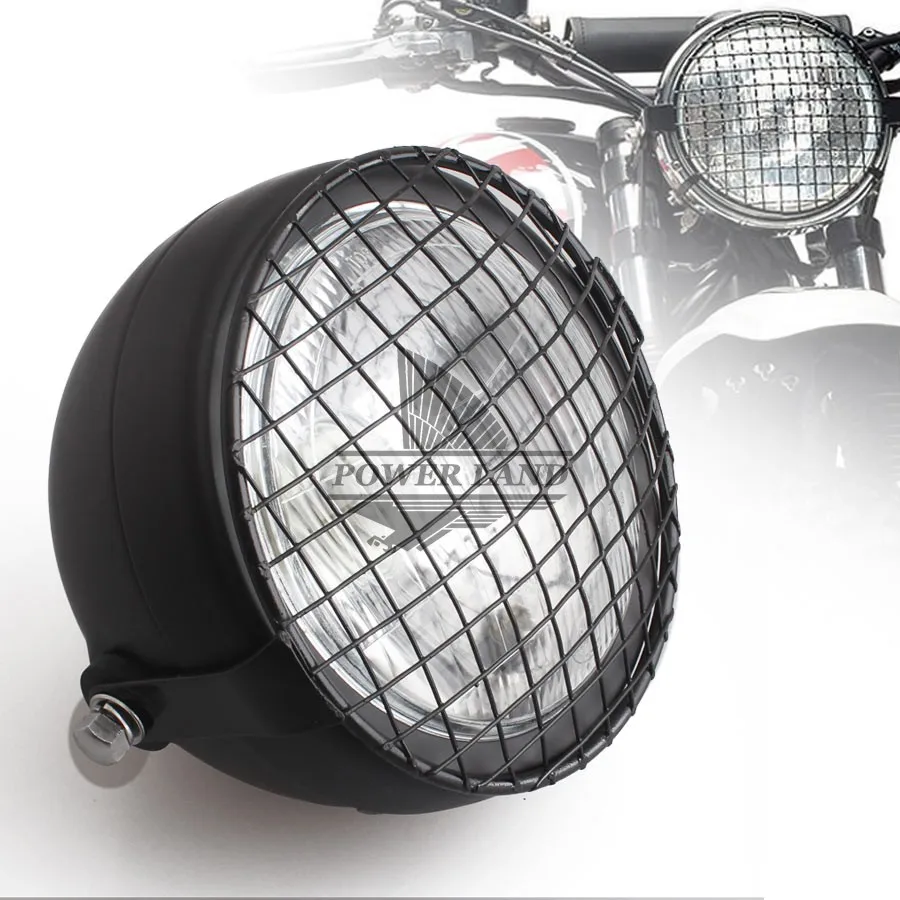 Black 12V Motorcycle Metal Retro Blub Front Headlight+Old School Grill ...