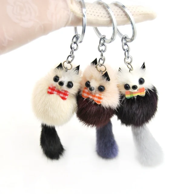 Cute Fluffy Raccoon Key Chain Women Bag Charms Genuine Mink Fur Pompom ...