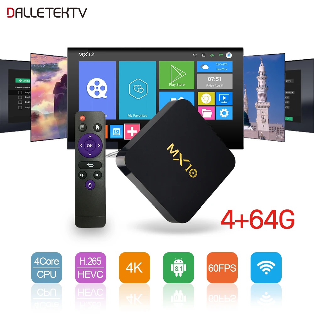 Smart Set Top Box Android 8.1 MX10 4G RAM+64G ROM Quad Core TV Box 2 ...